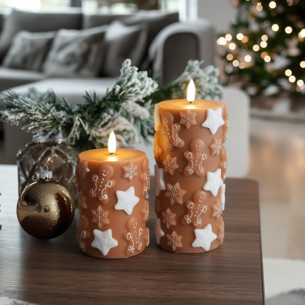 Gingerbread Flameless Pillar Candles With Remote, Set of 2 | GlowWarmy ...